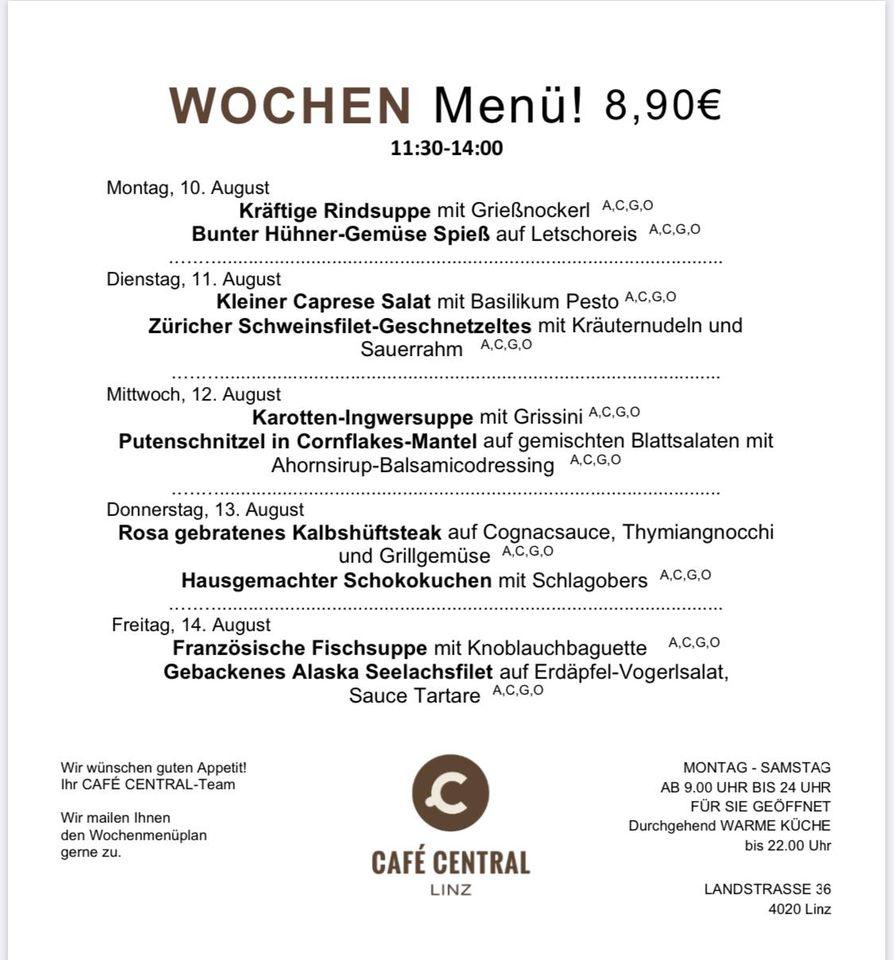 Menu at Café Central cafe, Linz