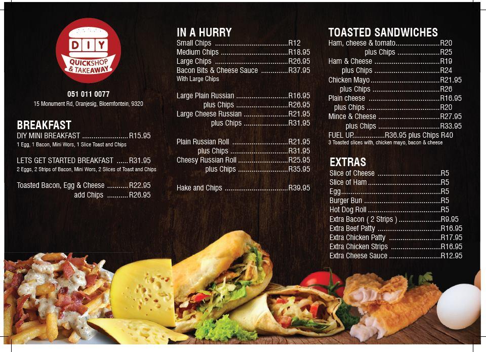 Menu at DIY Quickshop & Take Away restaurant, Bloemfontein