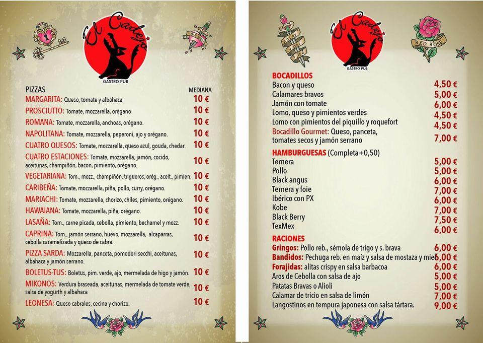 Carta del pub y bar El Cadejo, Ólvega