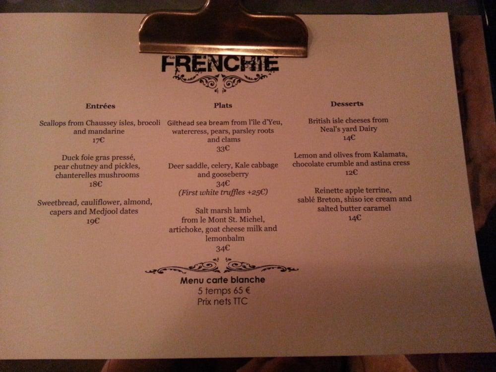 Menu at Frenchie restaurant, Paris, 5 Rue du Nil