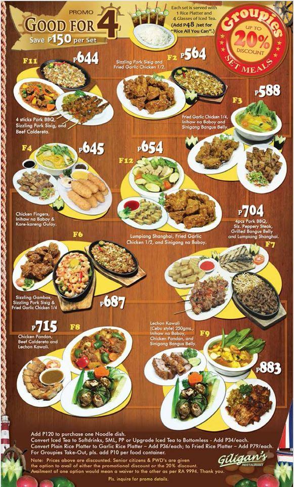 Menu at Giligan's restaurant, Santa Rosa, Vista Mall