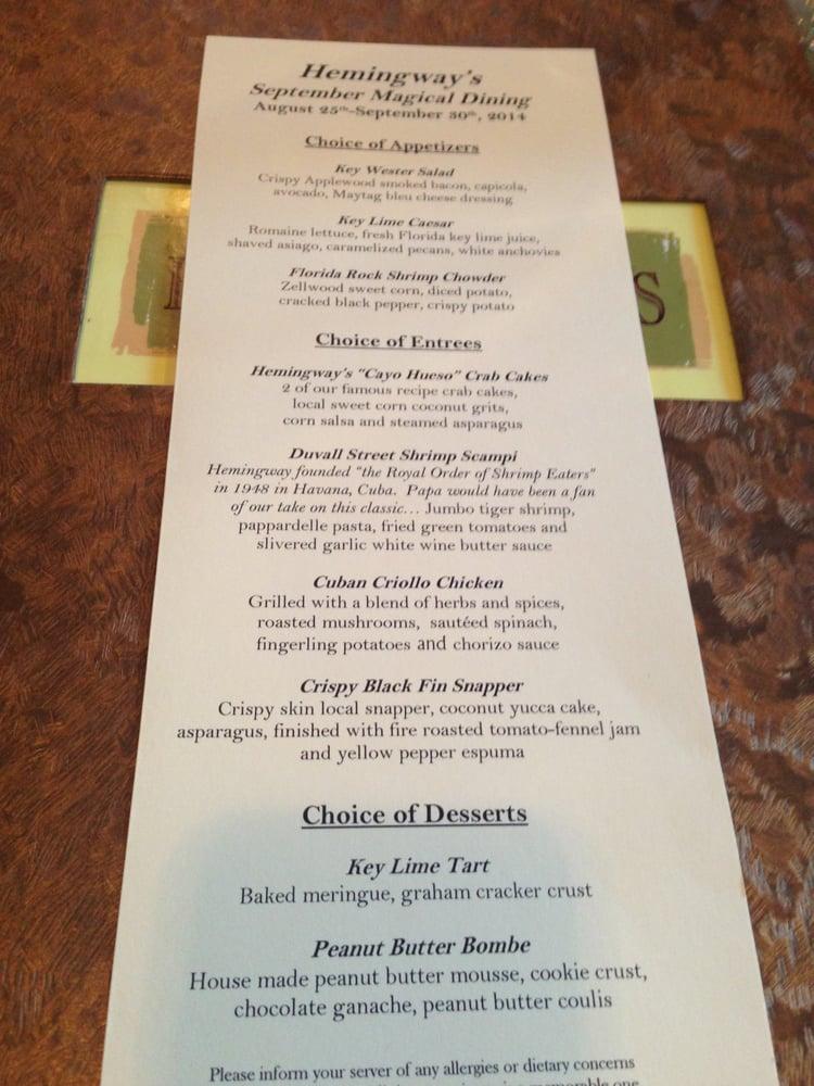 Menu at Hemingway's Restaurant, Orlando