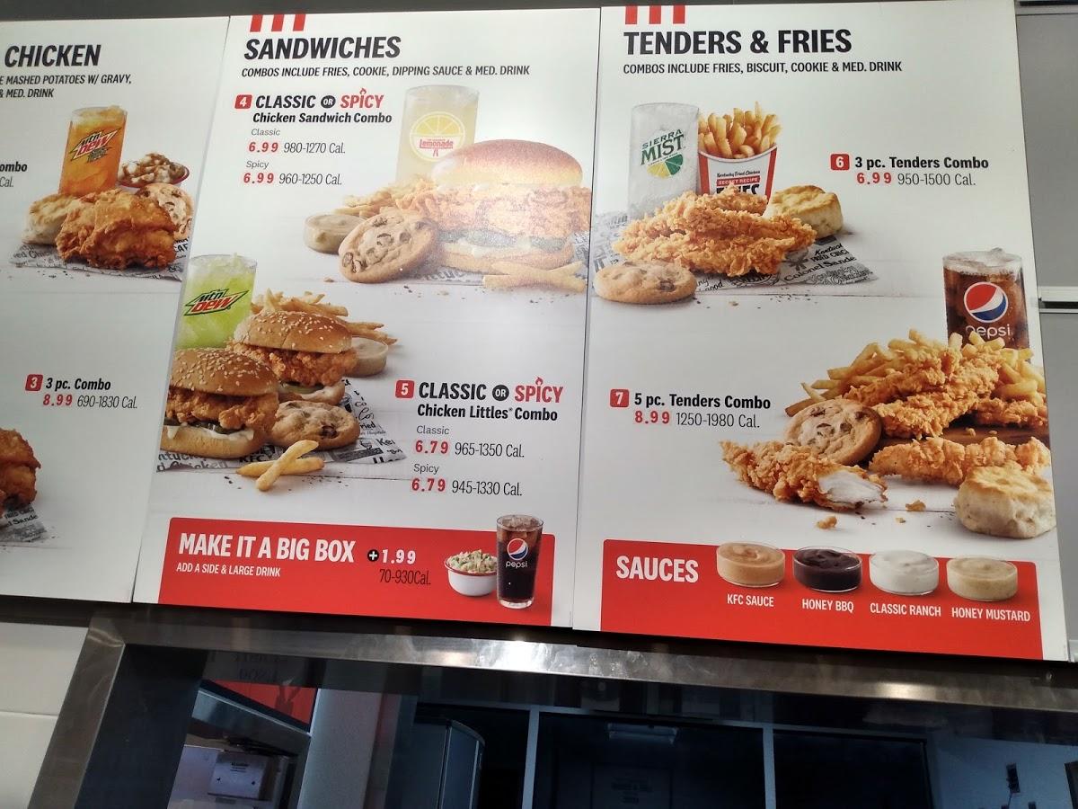 Menu at KFC fast food, Oroville
