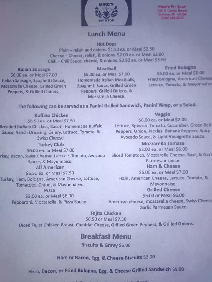 Menu at Mike's pit stop restaurant, Coloma