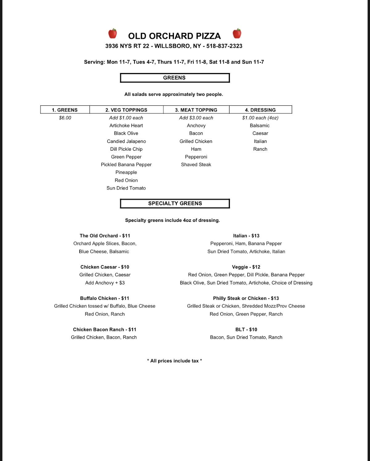 Menu at Old Orchard Place pizzeria, Willsboro