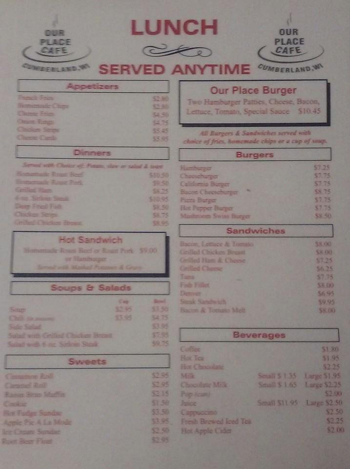 Menu at Our Place Cafe, Cumberland