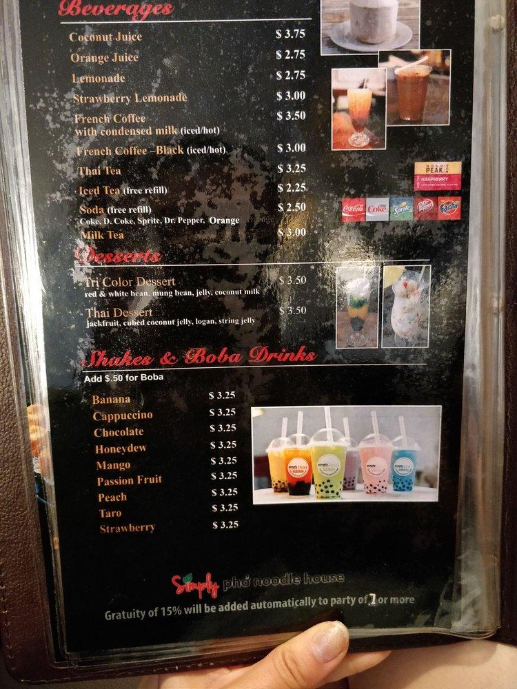 Menu at Simply Pho Noodle House restaurant, Orange
