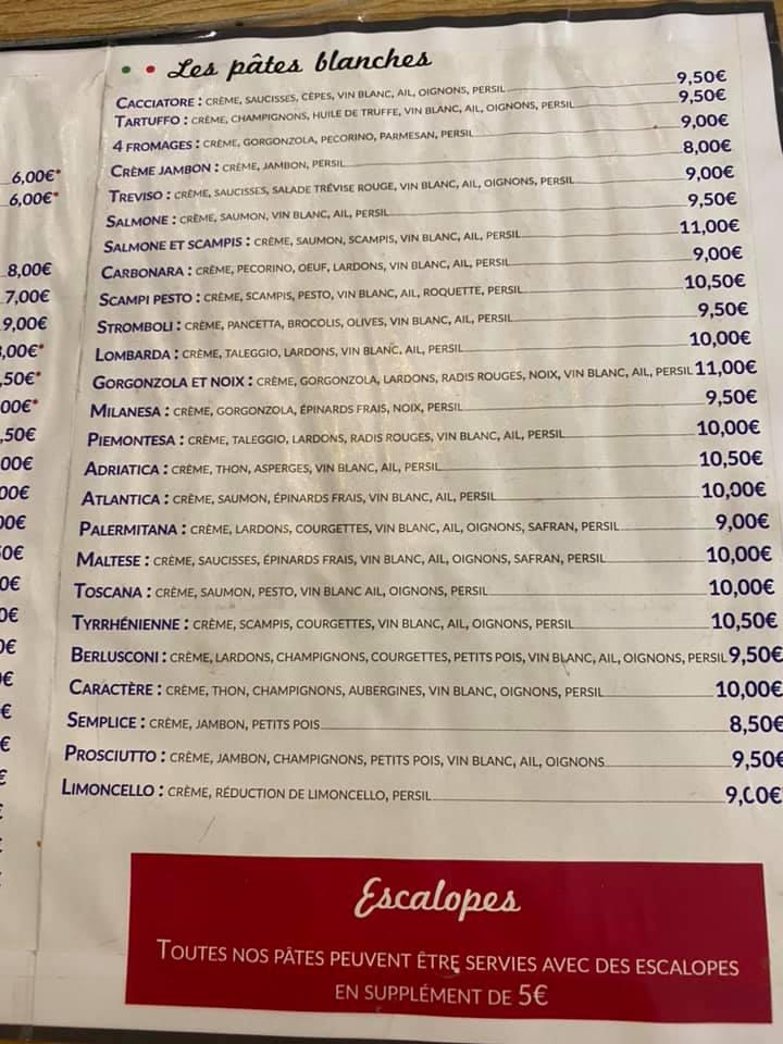 Menu au Solo Pasta, Beyne-Heusay