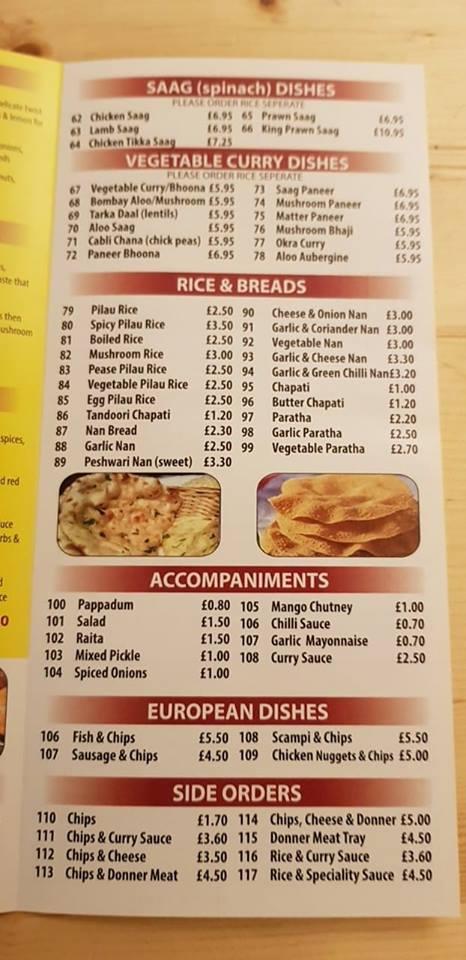 Menu at Spice India restaurant, Moffat