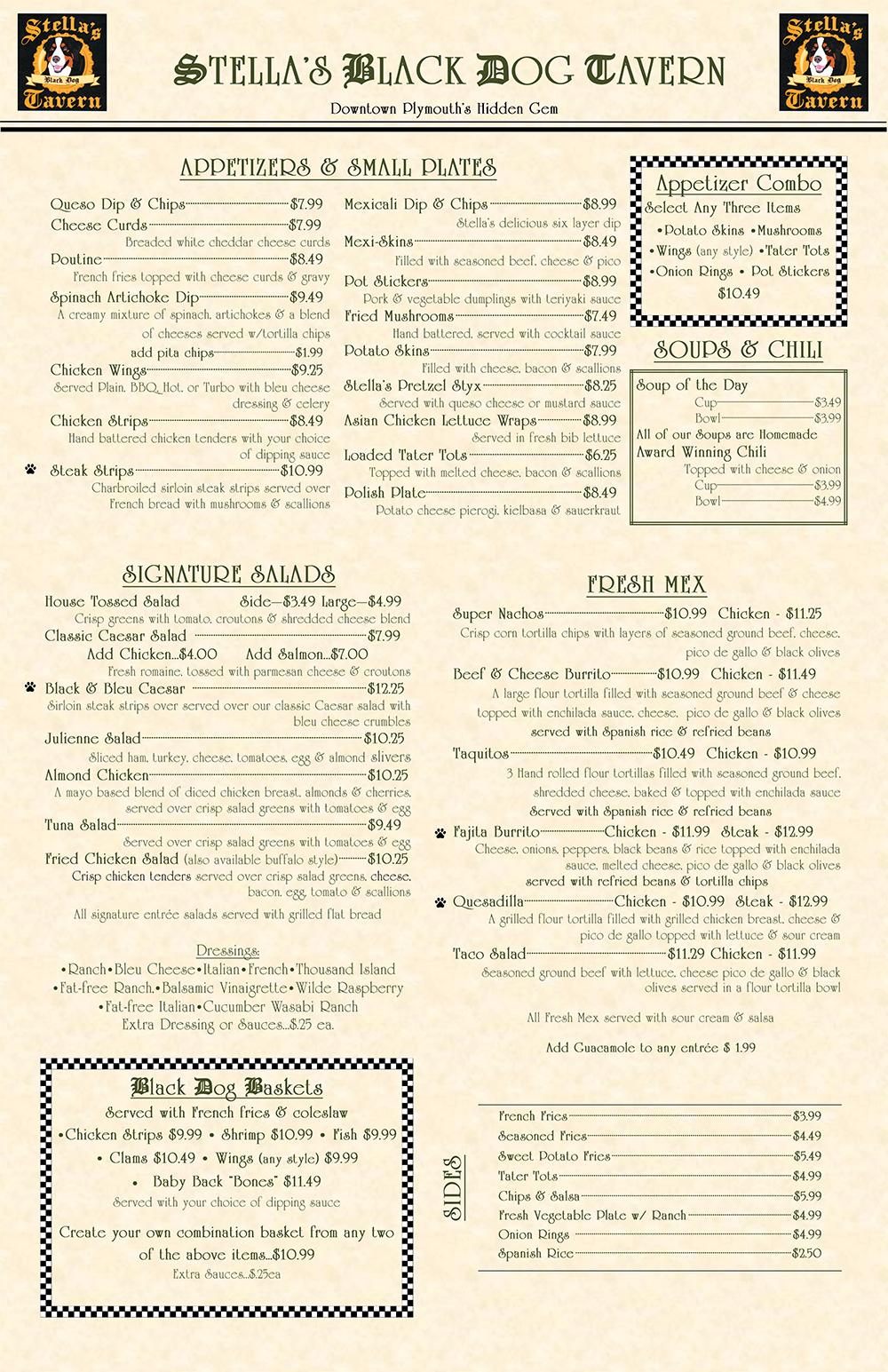 Menu at Stella's Black Dog Tavern pizzeria, Plymouth