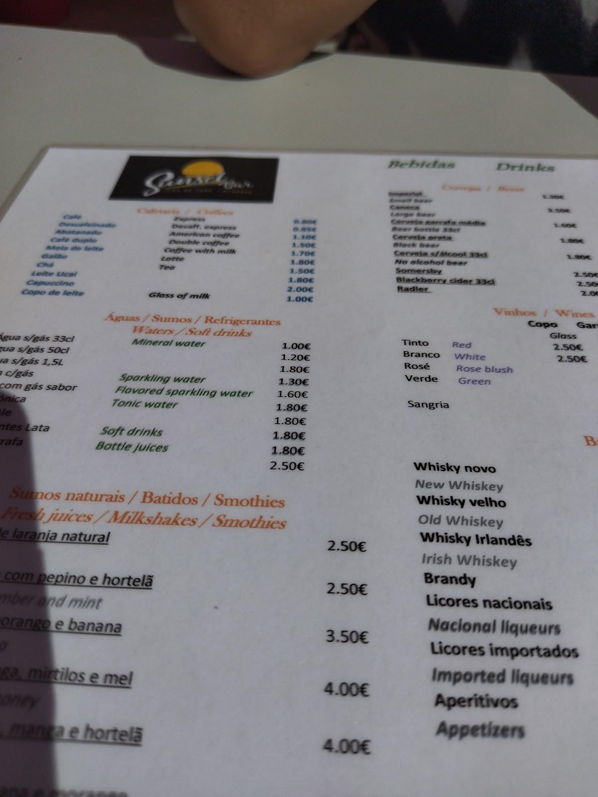 Menu at Sunset Bar, Faro