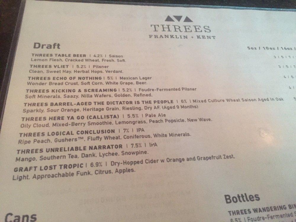 Menu at Threes Brewing Greenpoint Bar & Beer Shop, New York City