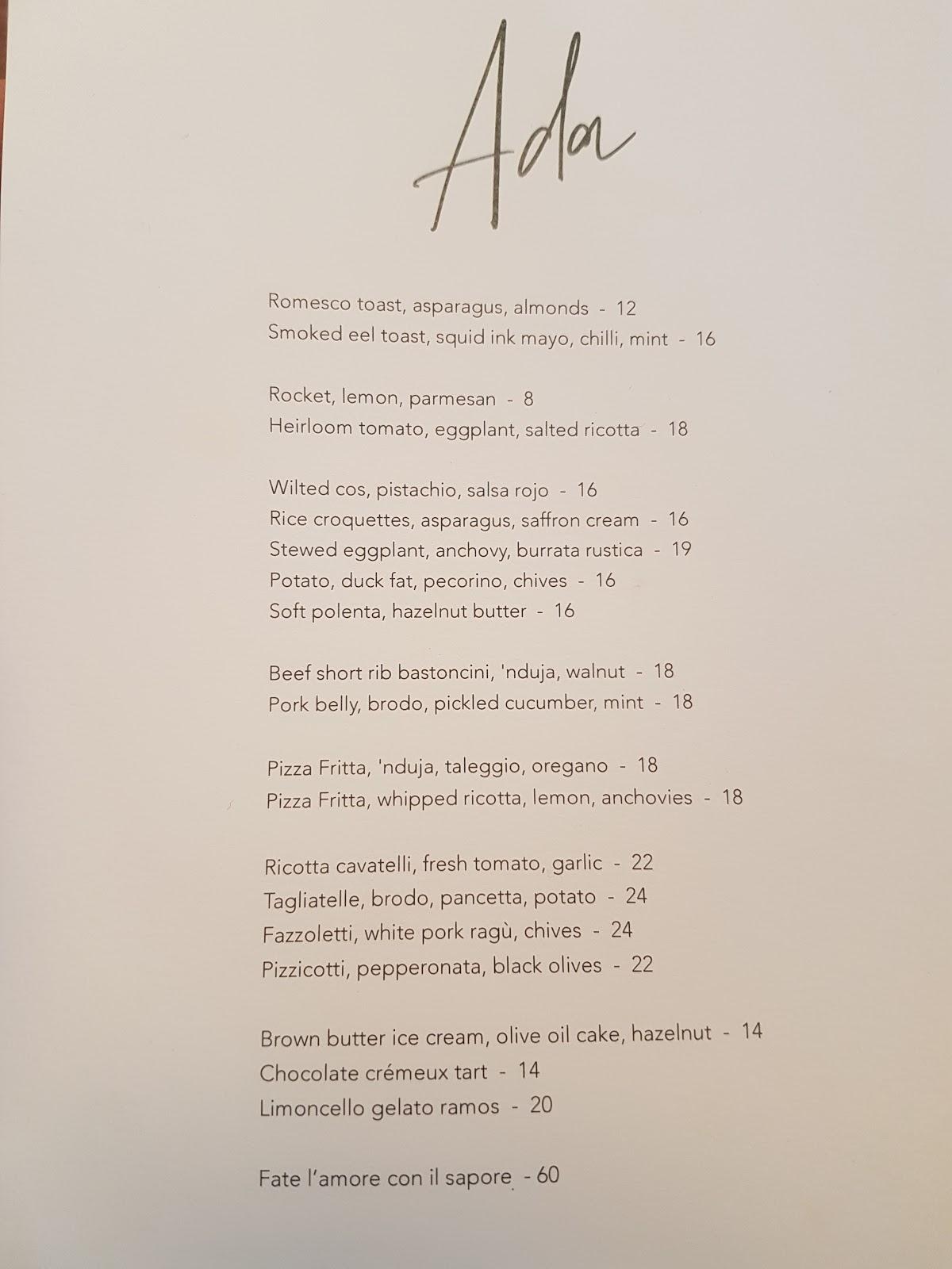 Menu at Ada Restaurant, Auckland, 454 Great N Rd