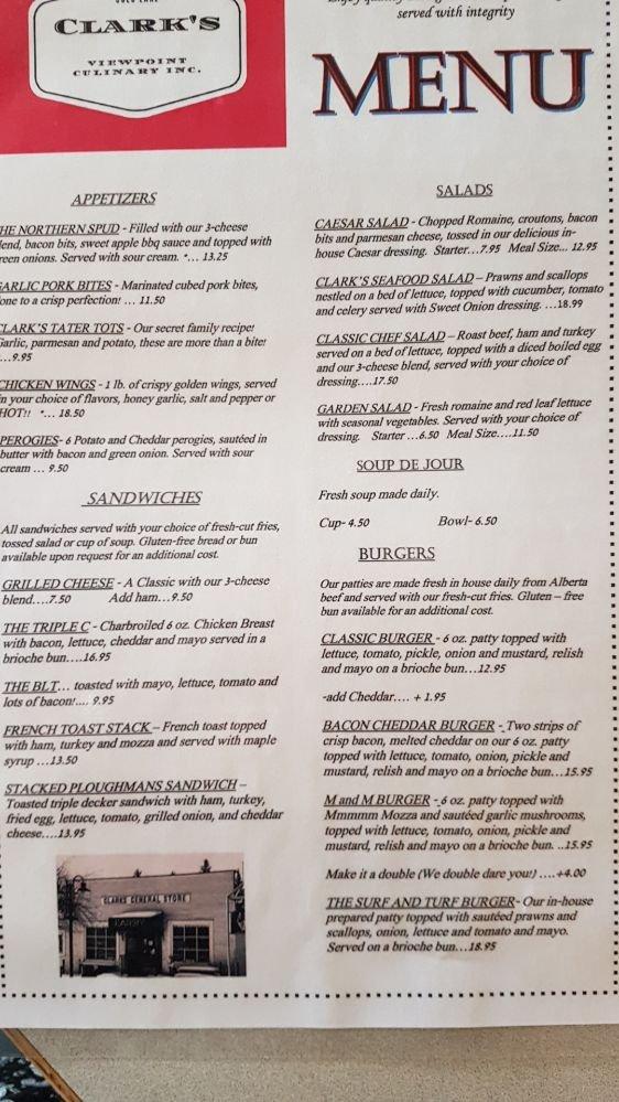 Menu at Clark's General Store & Eatery restaurant, Cold Lake