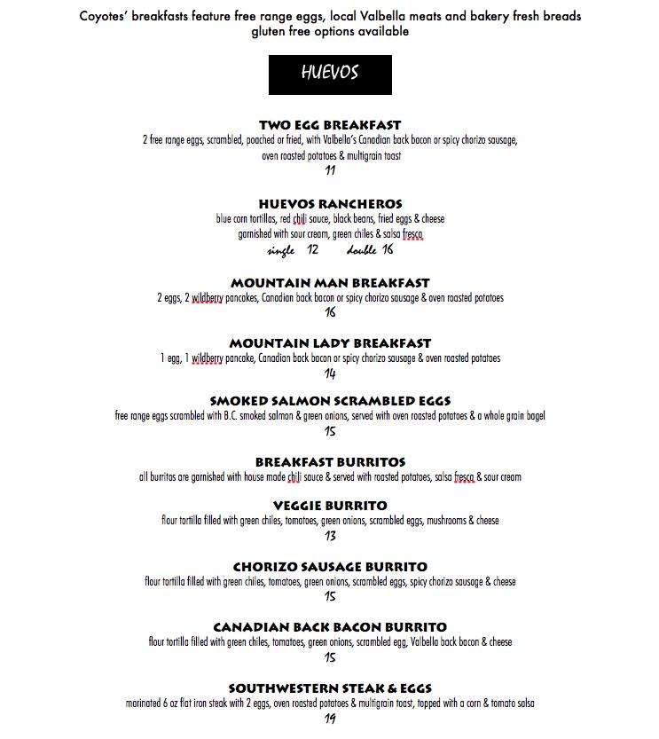 Menu at Coyotes Southwestern Grill restaurant, Banff