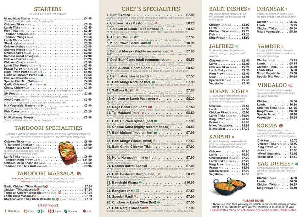 Menu at Deccan restaurant, Manchester