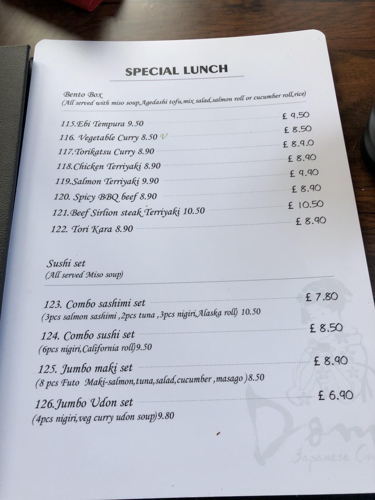 Menu at Domo Japanese Cuisine restaurant, Harrogate