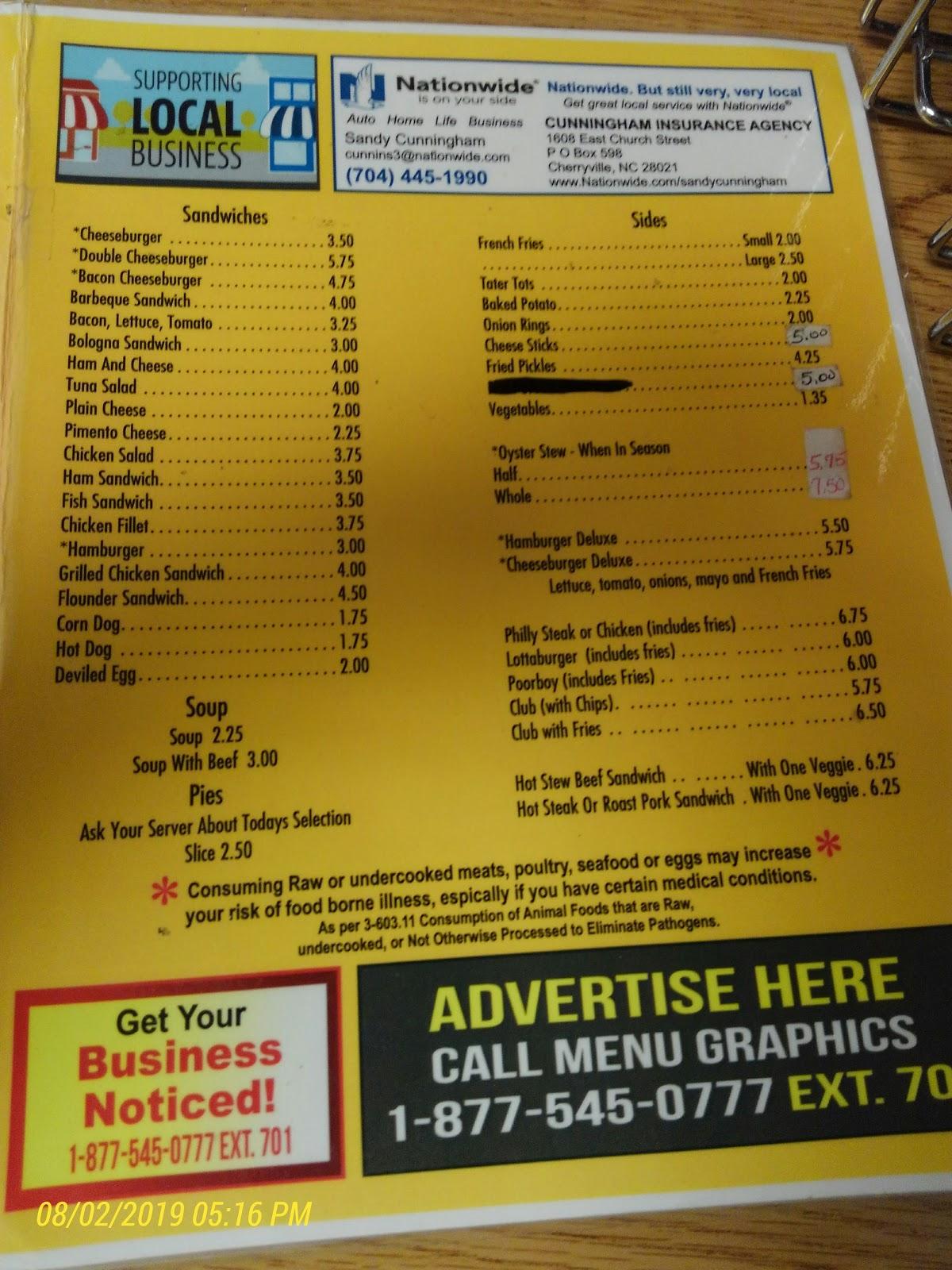 Menu at Home Folks Cafe, Cherryville