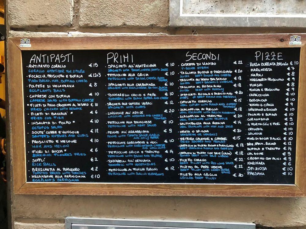 Menu at Il Corallo pizzeria, Rome, Via del Corallo