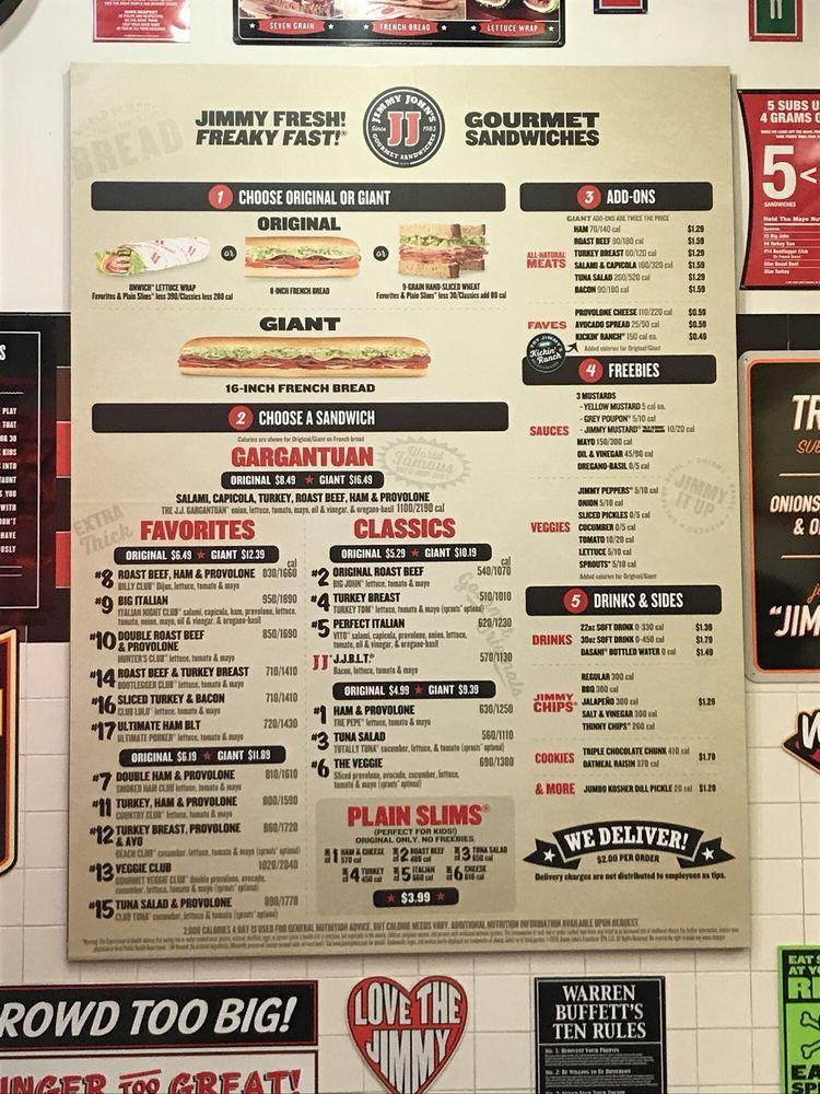 Menu at Jimmy John's fast food, Ann Arbor, 929 E Ann St