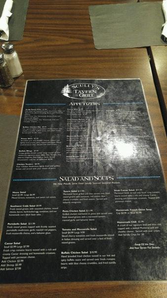 Menu at Scully's Tavern &Grill restaurant, USA