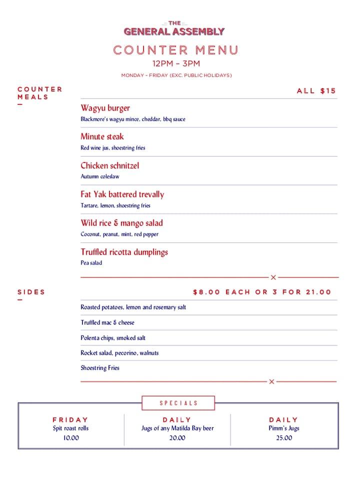 Menu at The General Assembly pub & bar, South Wharf