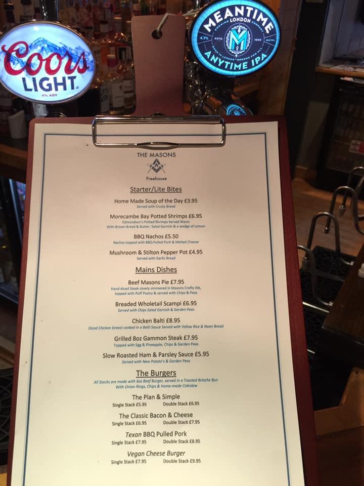 Menu at The Masons pub & bar, Morecambe
