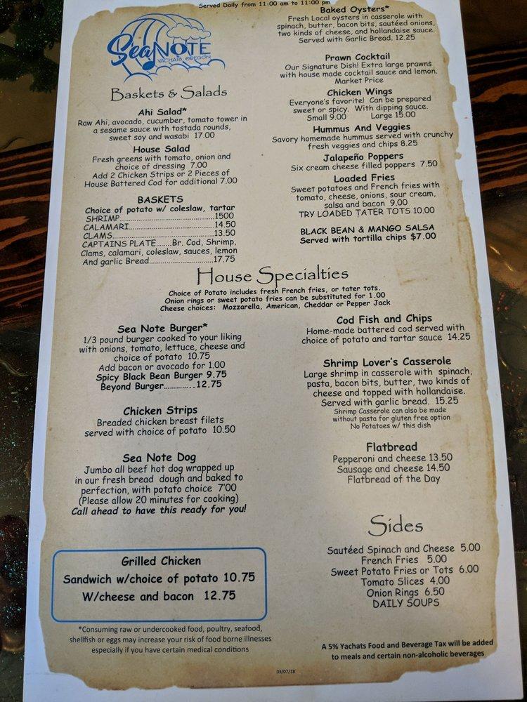 Menu at The Sea Note Restaurant & Lounge, Yachats