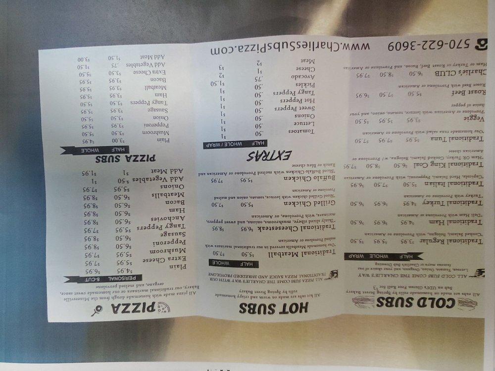 Menu at Charlie's Pizza & Sub Shop pizzeria, Pottsville