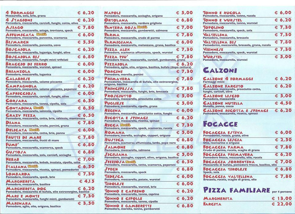 Menu at Crazy Pizza pizzeria, Monza