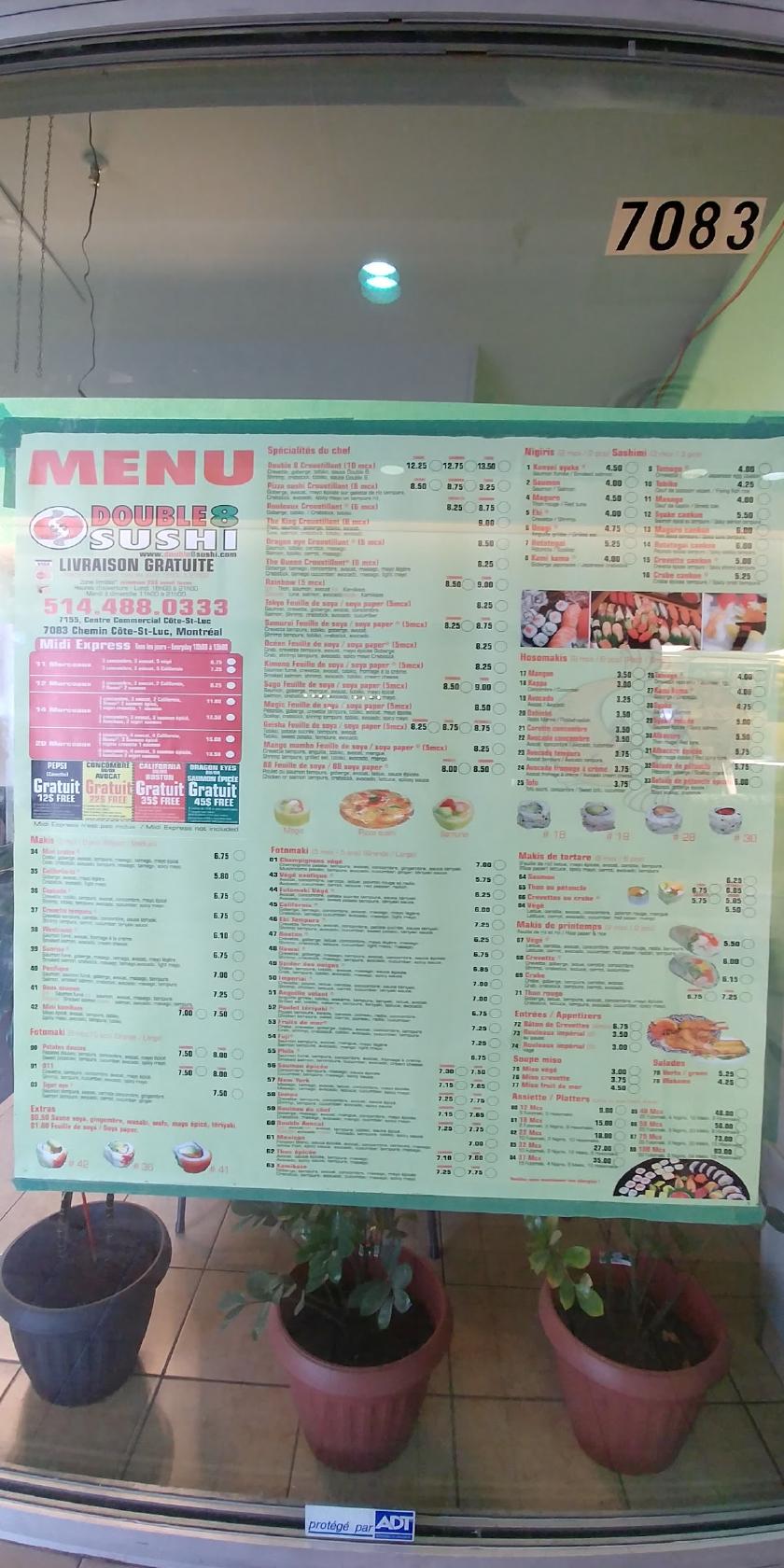 Menu at Double 8 Sushi restaurant, Côte Saint-Luc