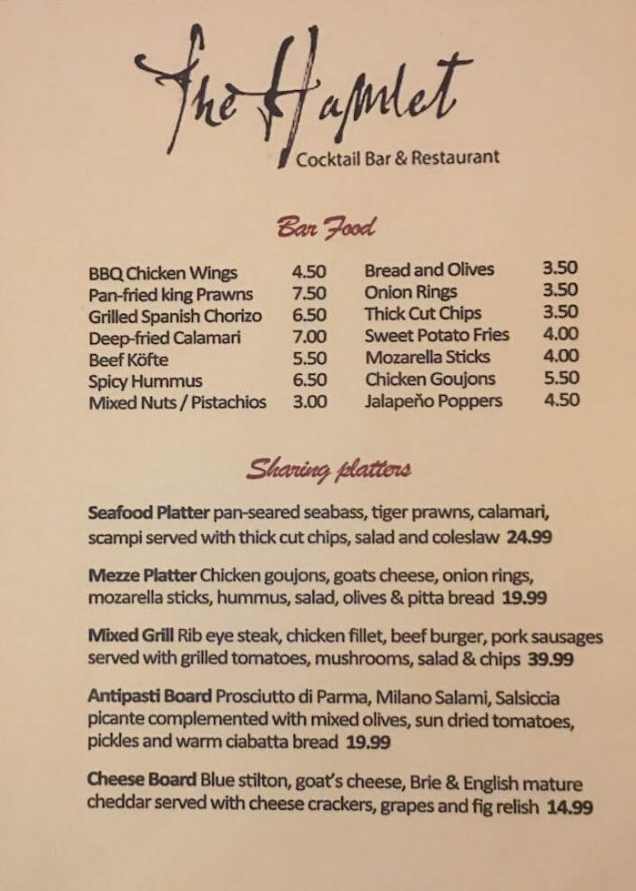 Menu at Hamlet Bar Lounge & Restaurant, London