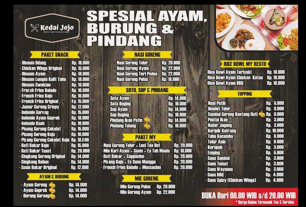 Menu at Kedai Jojo restaurant, Palembang