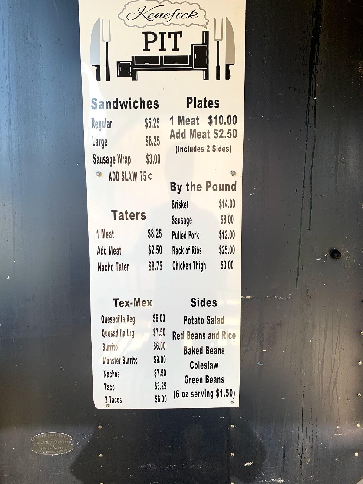 Menu at Kenefick Pit restaurant, Dayton, FM1008