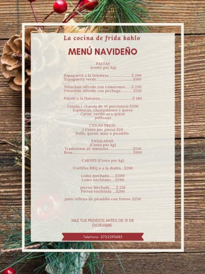 Carta del restaurante La cocina del Frida Kahlo, Orizaba