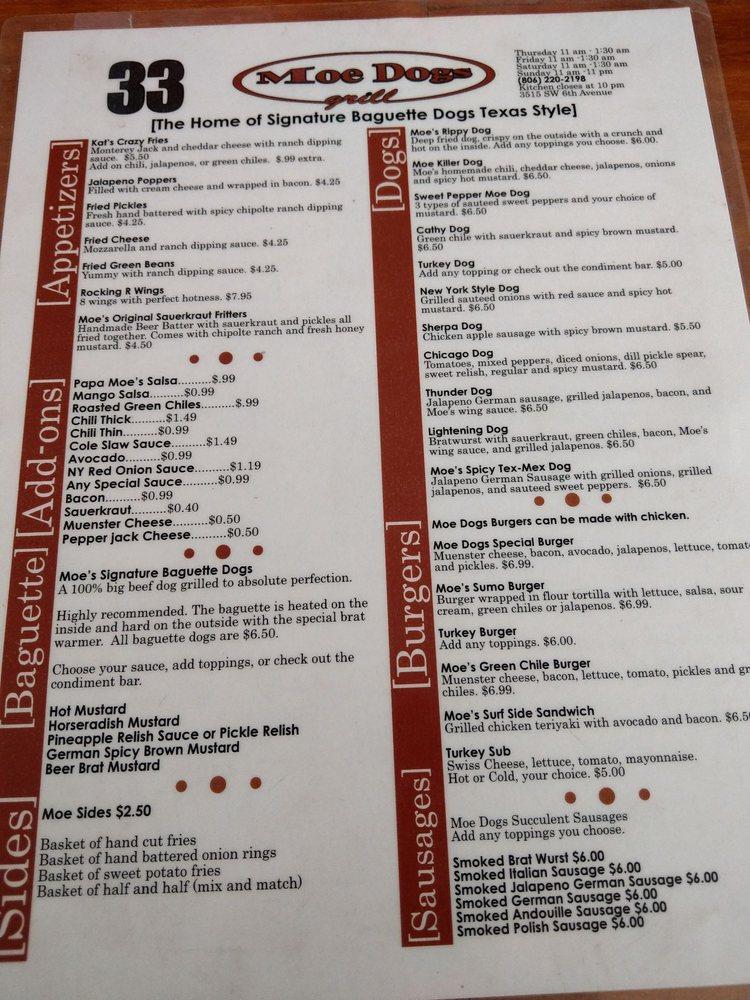 Menu at Moe Dogs Grill restaurant, Amarillo