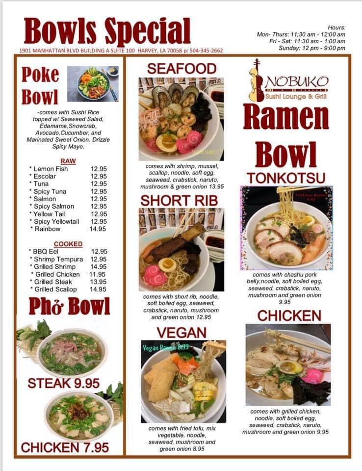 Menu at Nobuko restaurant, Harvey