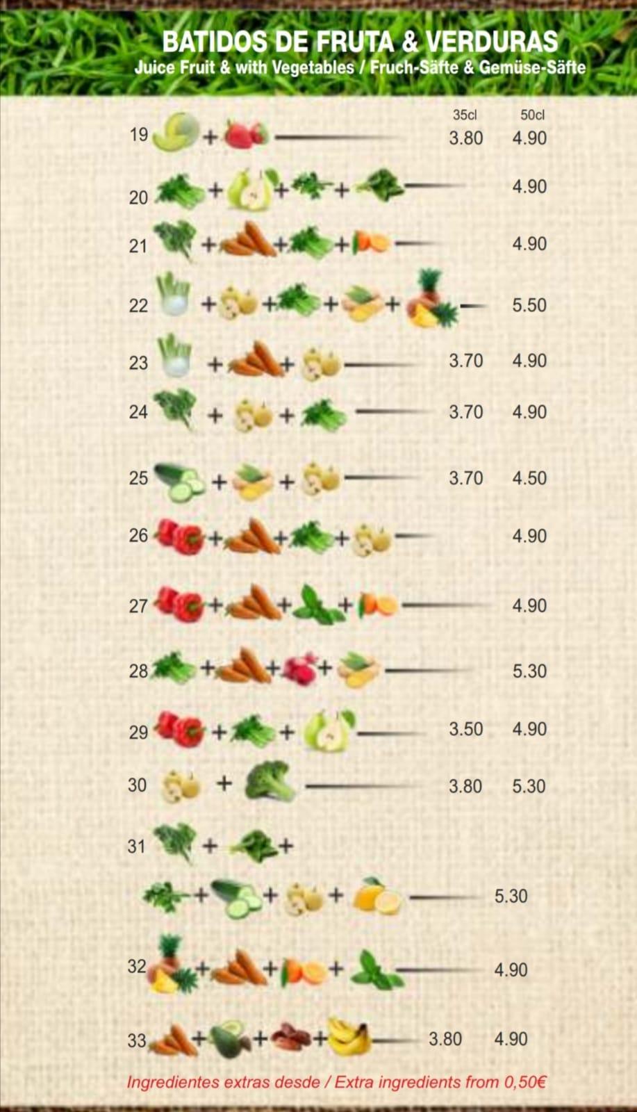 Carta del pub y bar Santo Zumo. Fruteria Zumeria, Playa Blanca