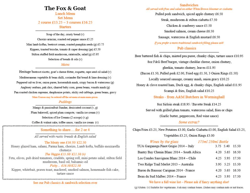 Menu at The Fox & Goat - Tiddington restaurant, Milton Common