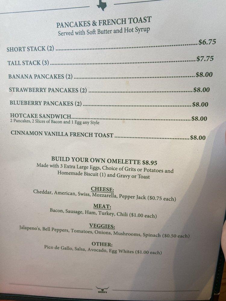 Menu at Greer's Ranch Cafe, Stephenville