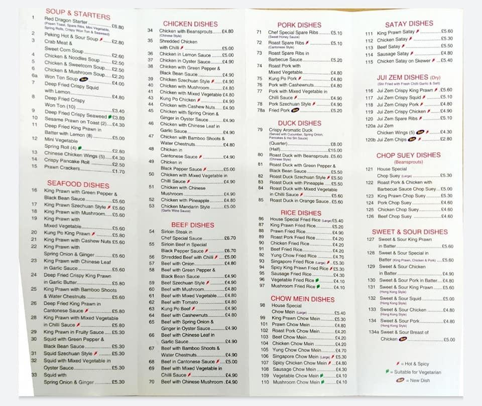Menu at Red Dragon fast food, Portsmouth