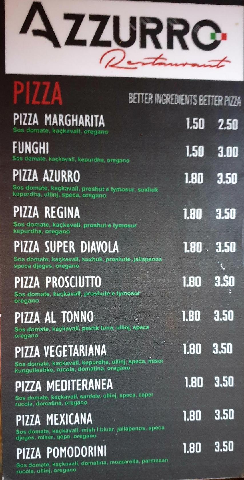 Menu at Restaurant Azzurro, Kosovo