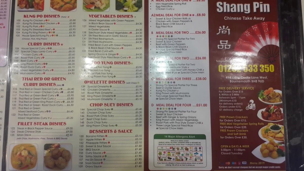 Menu at Shang Pin restaurant, Bournemouth