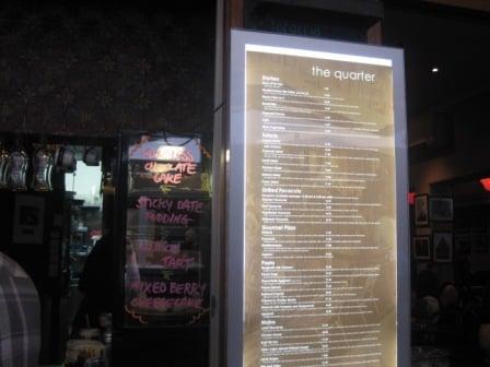 Menu at The Quarter restaurant, Melbourne