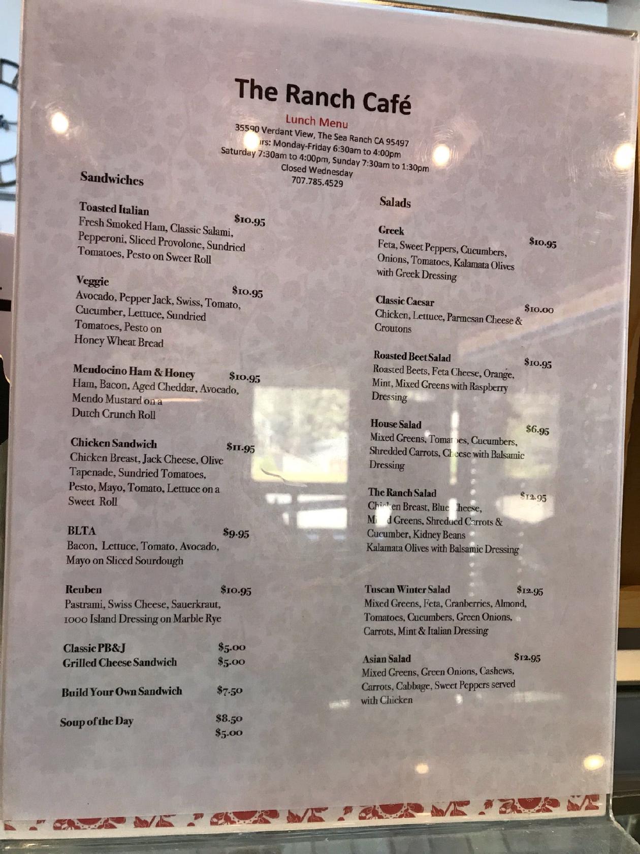 Menu at The Ranch Cafe, Sea Ranch