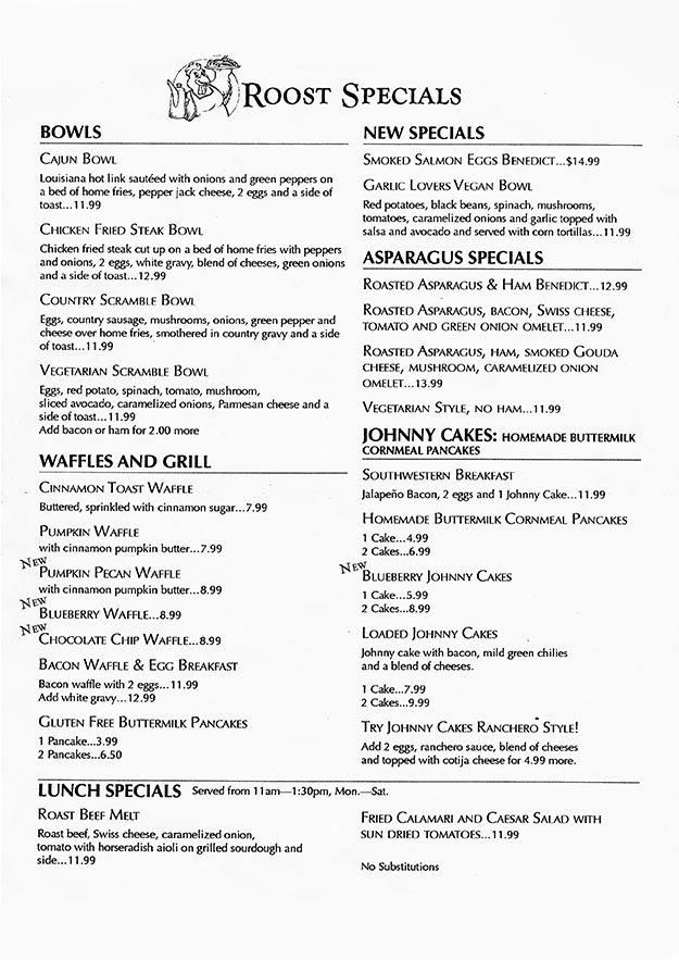 Menu at The Roost Cafe, Chico