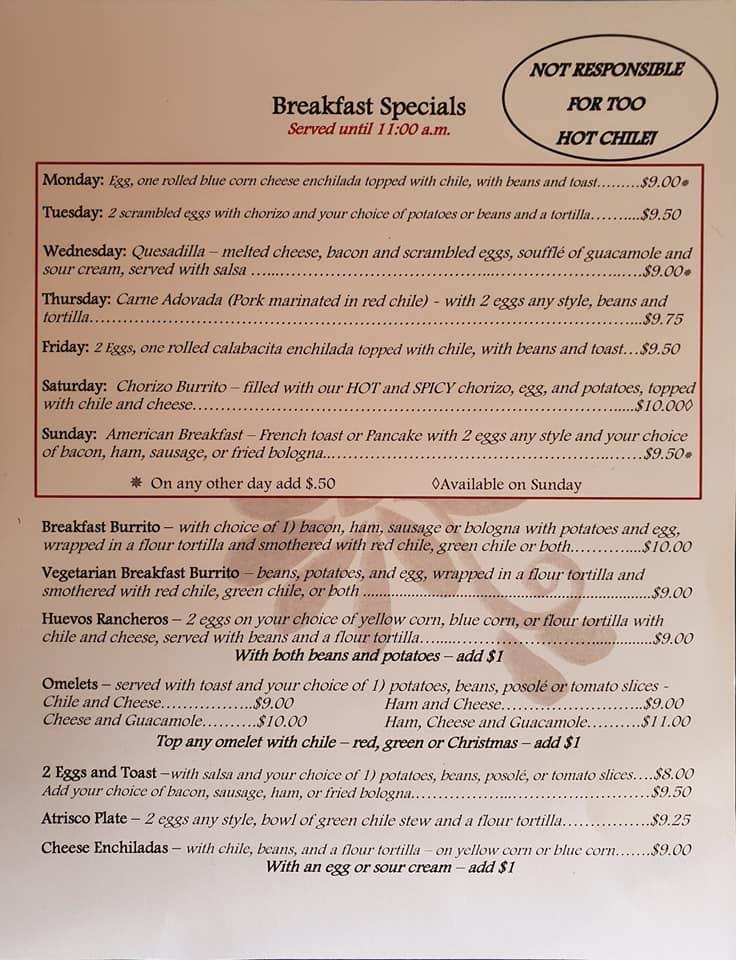 Menu at Tia Sophia's restaurant, Santa Fe