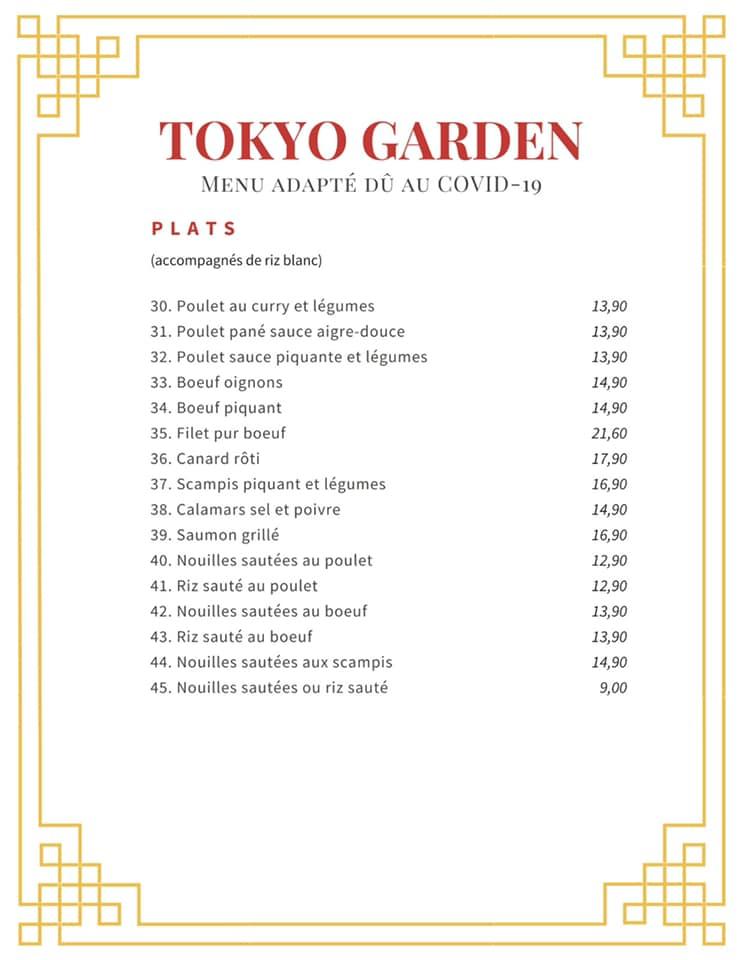 Menu at Restaurant Japonais Tokyo Garden, Mersch