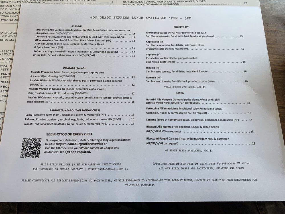 Menu at 400 Gradi - Brunswick pizzeria, Brunswick East, 99 Lygon St