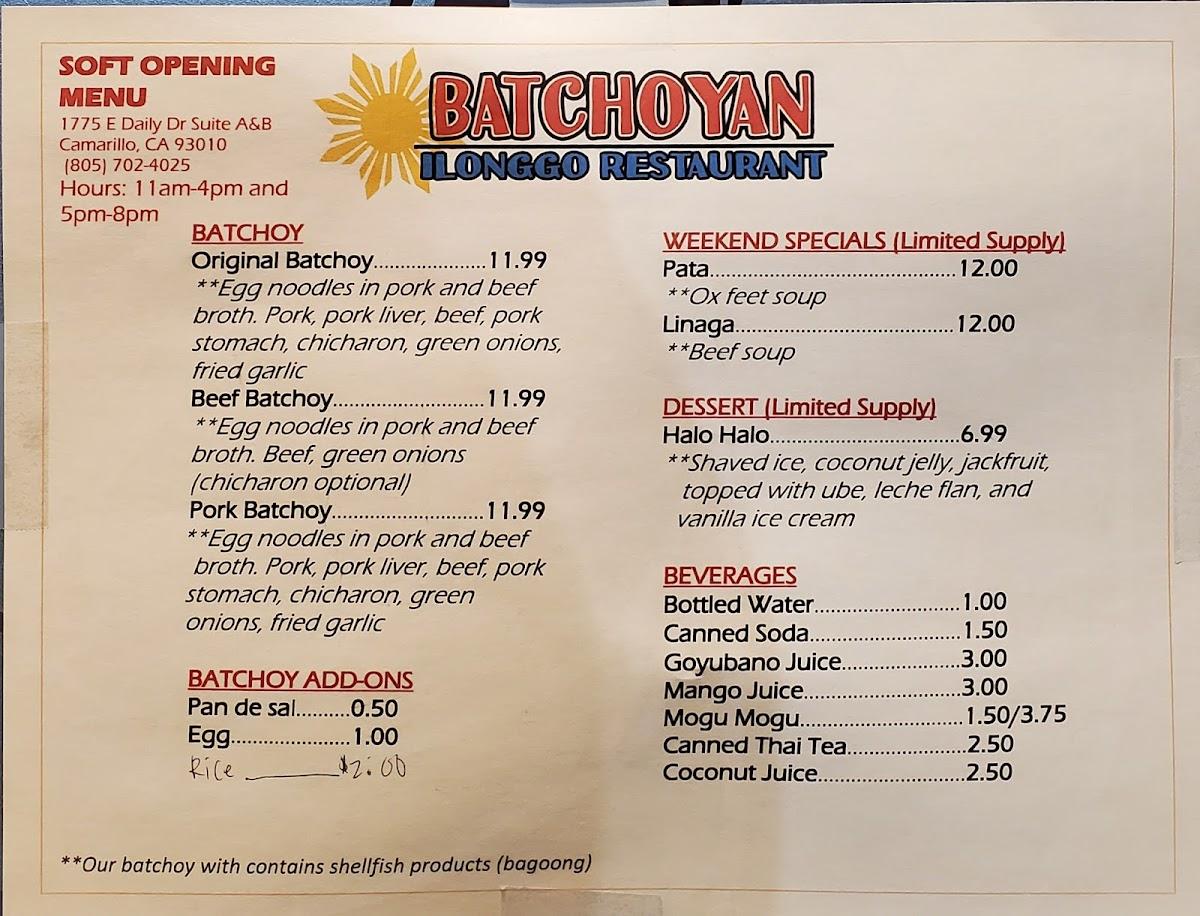 Menu at Batchoyan Ilonggo Restaurant, Camarillo